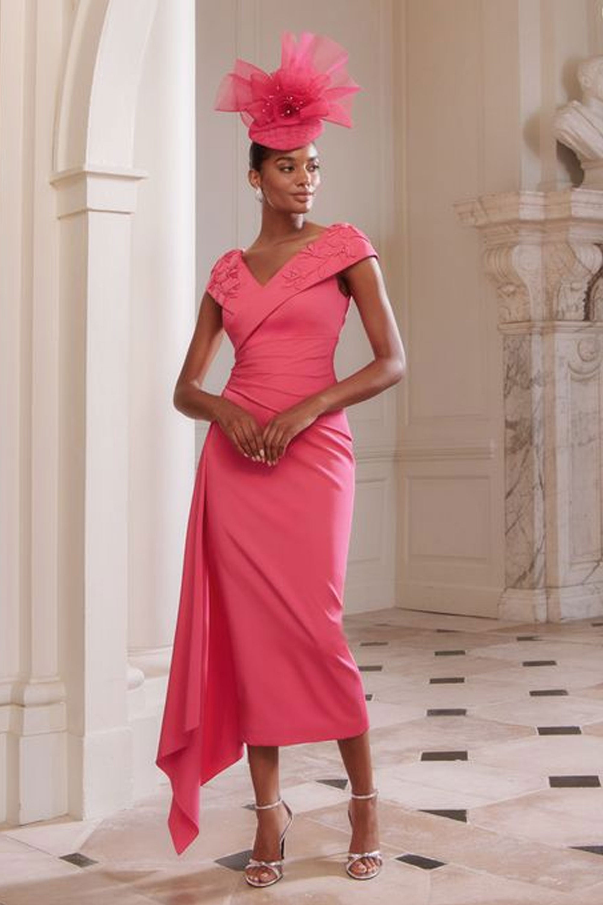 John Charles Ruched Dress With Cape Persian Rose 29359 – Bentleys Banchory