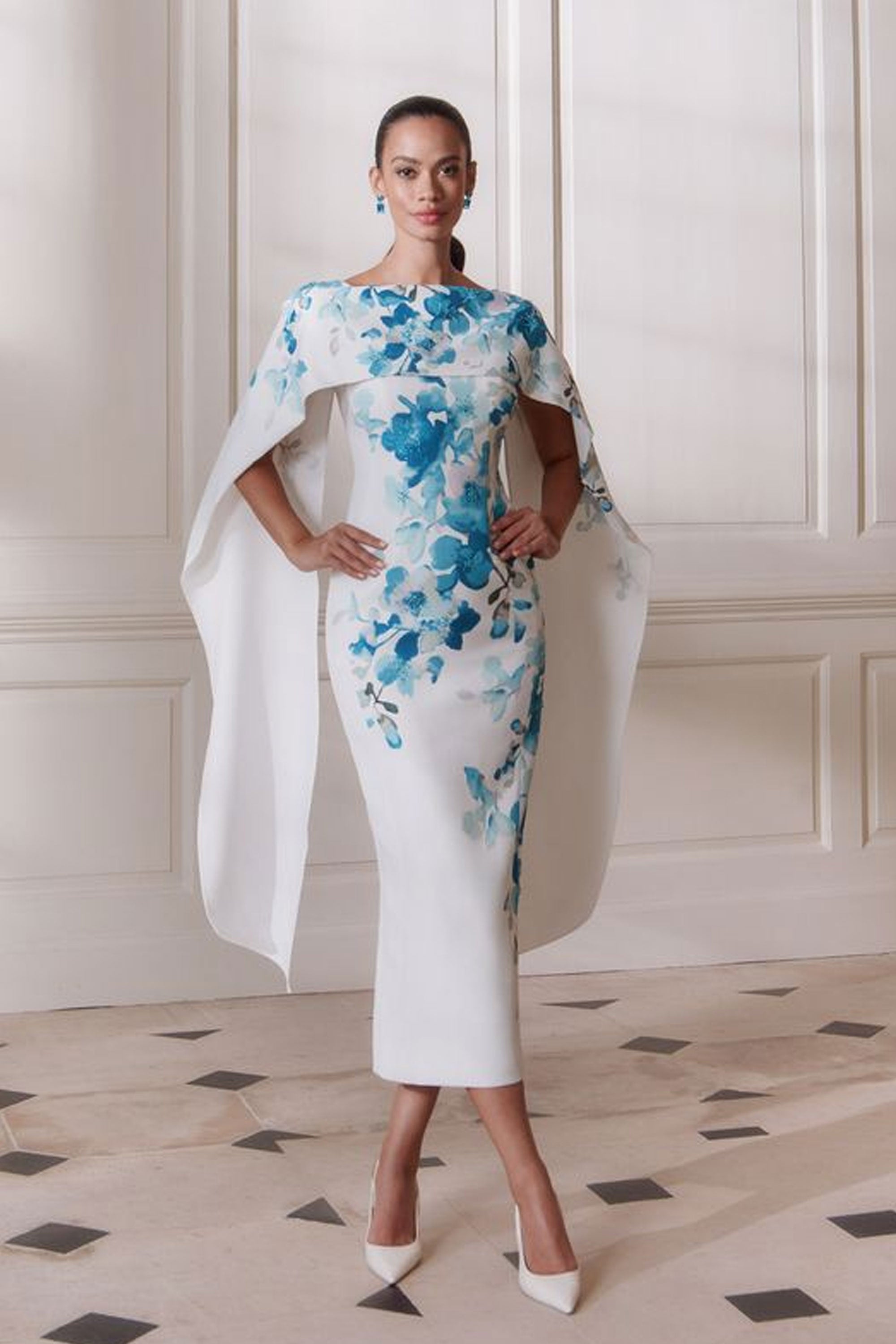 John Charles Floral Straight Dress With Cape Teal 66698 – Bentleys Banchory