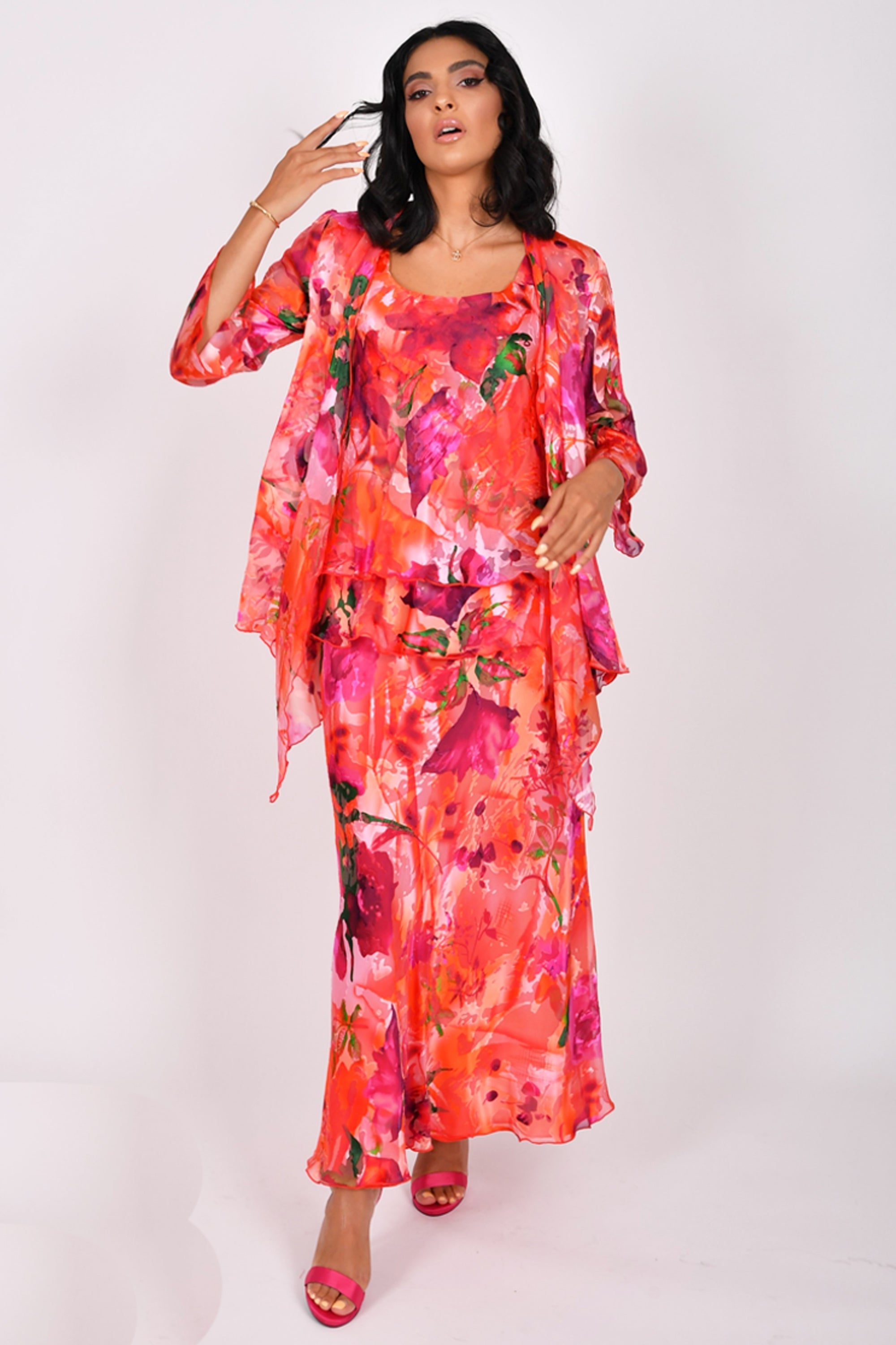 Allison Floral Print Silk Three Piece Skirt Set Red/Multi 2967/2443-46 ...